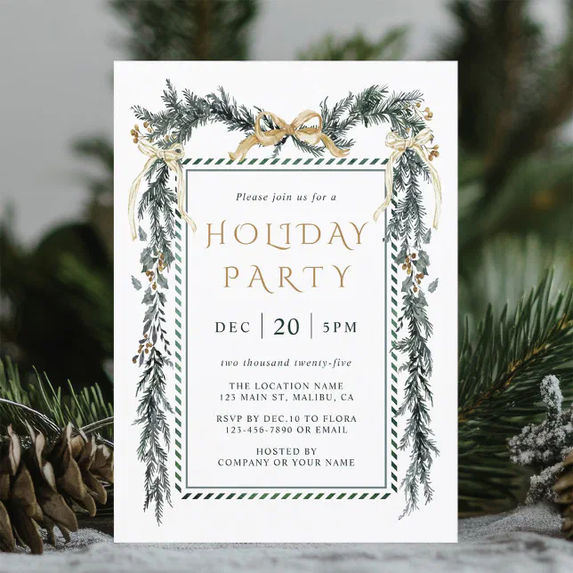 Green & Gold Christmas Garland Holiday Party Invitation | Zazzle