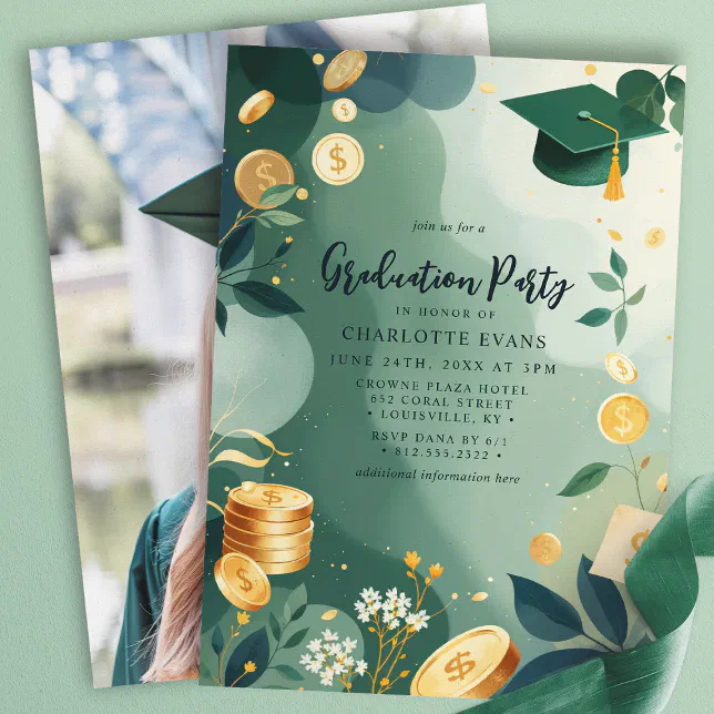 Green Gold Coins Finance Graduation Party Photo Invitation | Zazzle