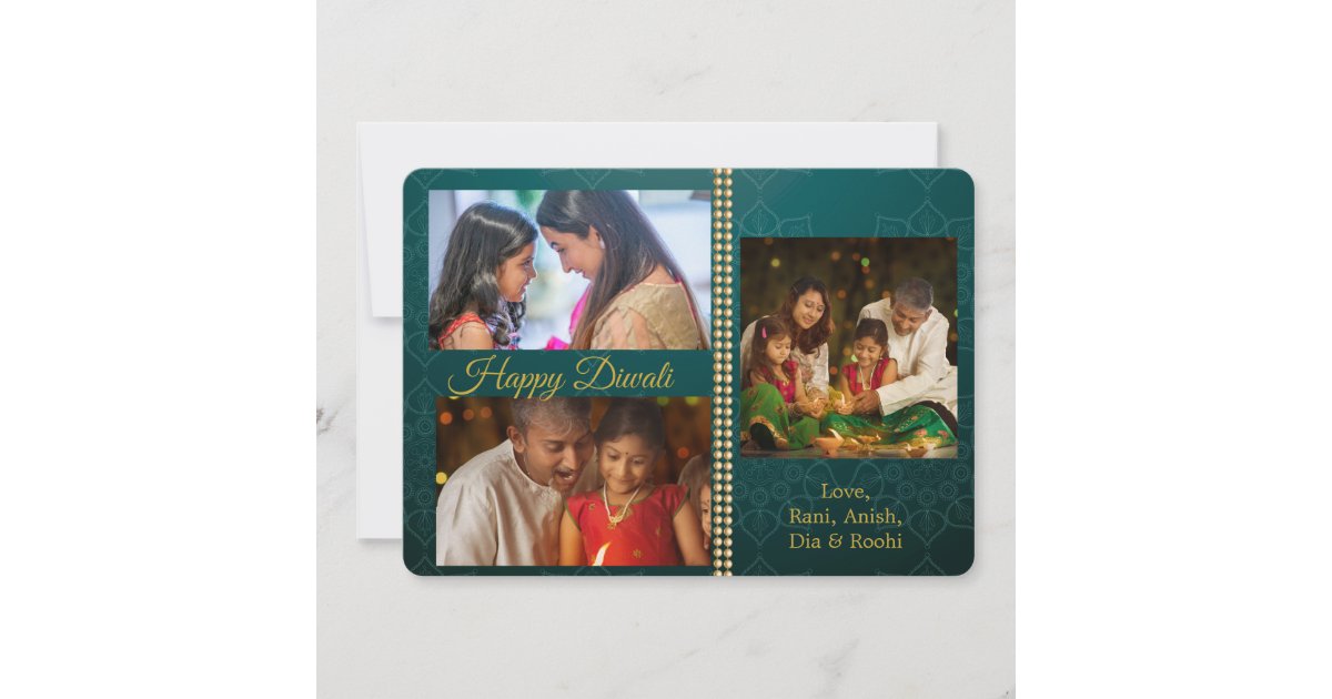 Green Gold Diwali Photo Personalized Greeting Card | Zazzle