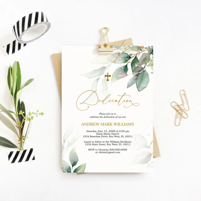 Green & Gold Eucalyptus Dedication Invitation | Zazzle