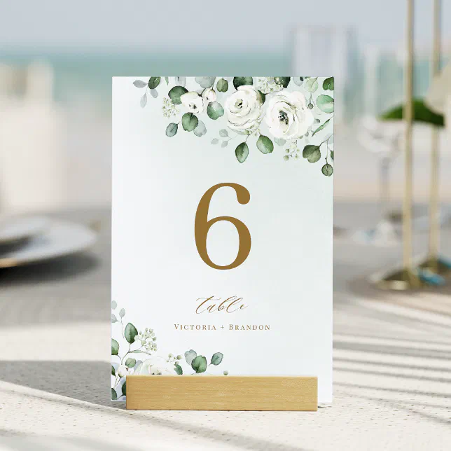 Green gold eucalyptus greenery floral wedding table number | Zazzle