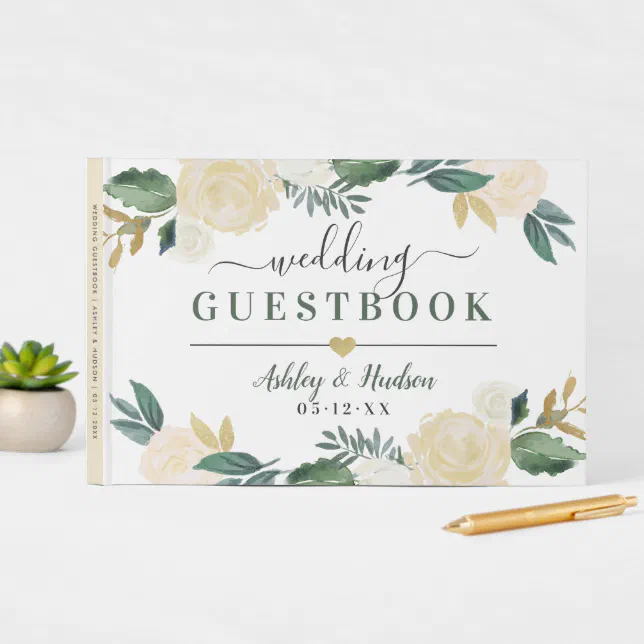 Green Gold Floral Greenery Wedding Monogram Guest Book | Zazzle