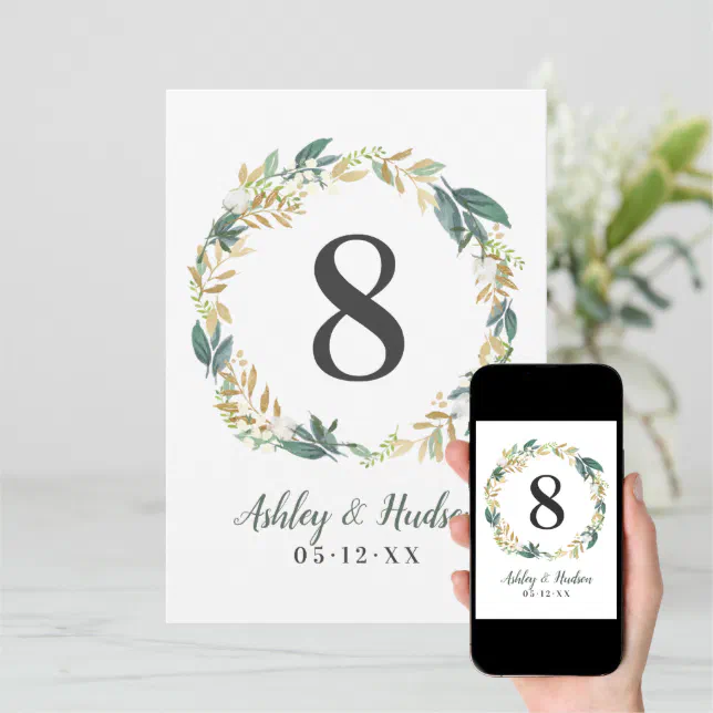 Green Gold Floral Greenery Wedding Table Number | Zazzle