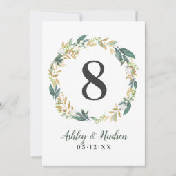 Green Gold Floral Greenery Wedding Table Number | Zazzle