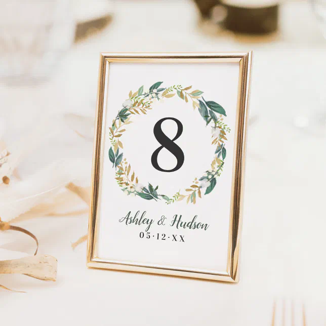 Green Gold Floral Greenery Wedding Table Number | Zazzle