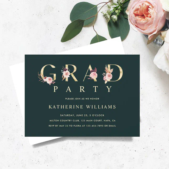 Green Gold Floral Letter Graduation Party Photo Invitation | Zazzle