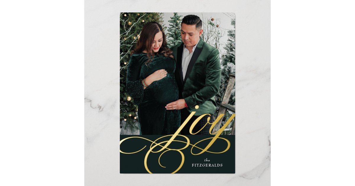 Green/Gold Foil Festive Flourish Joy Holiday Card | Zazzle