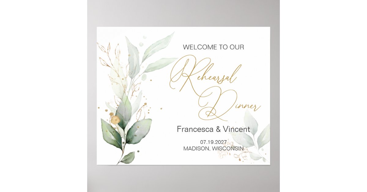 Green & gold foliage Rehearsal Dinner Sign | Zazzle