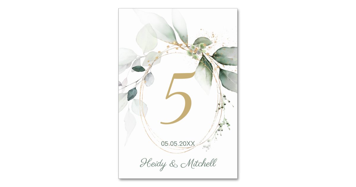 Green & gold foliage, Wedding Table Number | Zazzle