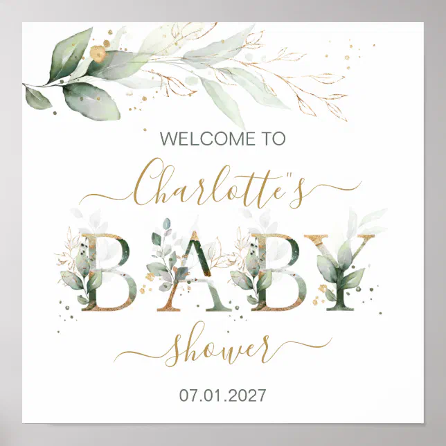 Green & gold foliage Welcome Baby shower sign | Zazzle