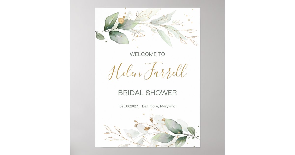 Green & gold foliage, welcome Bridal Shower sign | Zazzle