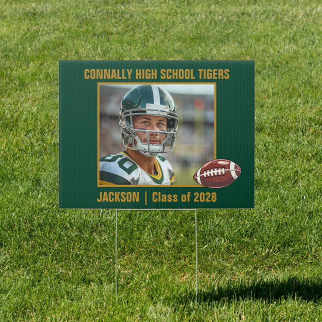 Green Gold Football Player Photo Graduation Yard Sign | Zazzle