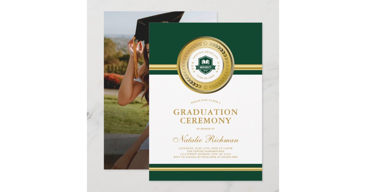 Green & Gold Formal Graduation Ceremony Photo Invitation | Zazzle