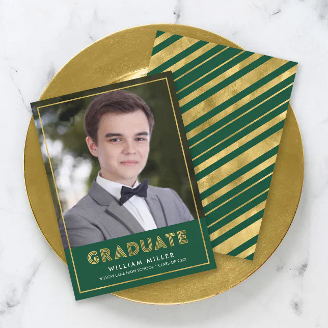 Green Gold Geometric Photo Graduation Announcement | Zazzle