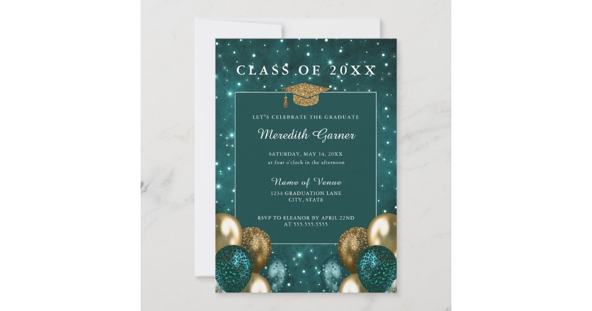 Green Gold Glitter Balloons Graduation Invitation | Zazzle