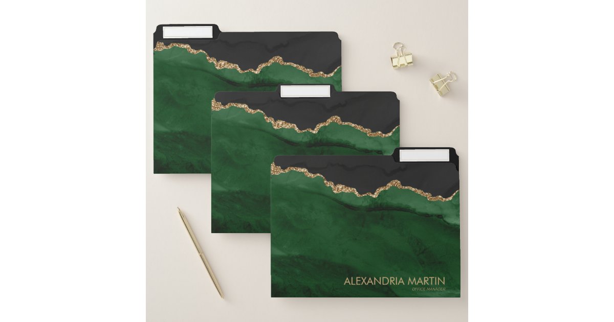Green Gold Glitter Black Marble Name Title File Folder | Zazzle