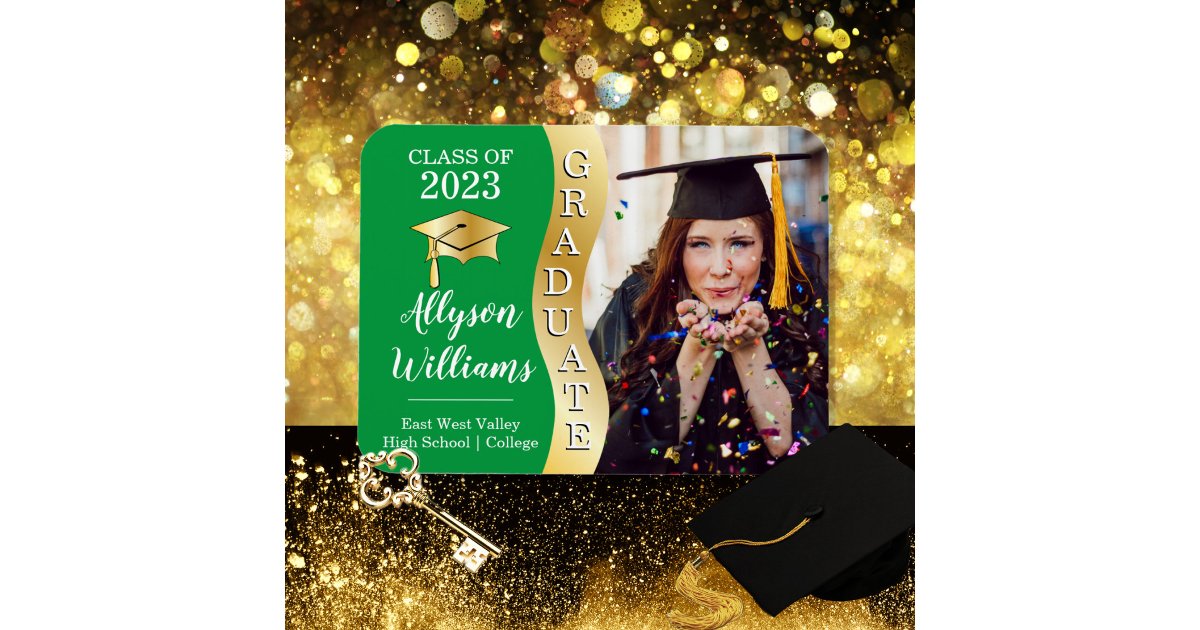 Green | Gold Graduate Wave Grad Cap Photo Magnet | Zazzle