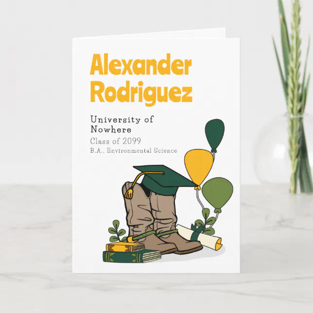 Green/Gold Graduation Cap Cowboy Boot Arrangement Invitation | Zazzle