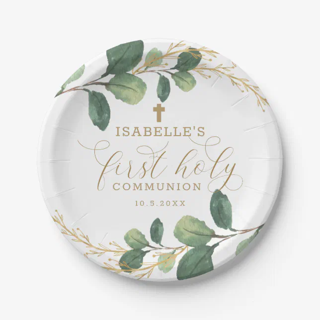 Green Gold Greenery Botanical First Holy Communion Paper Plates | Zazzle