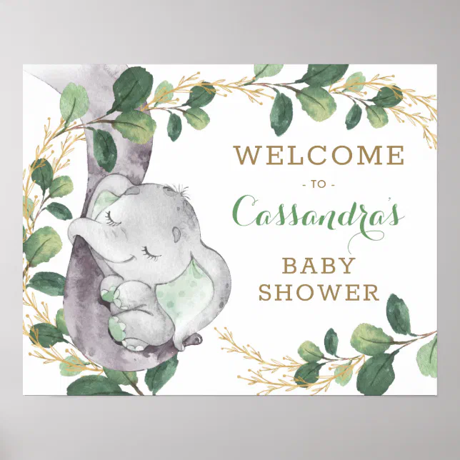 Green Gold Greenery Eucalyptus Elephant Welcome Poster | Zazzle