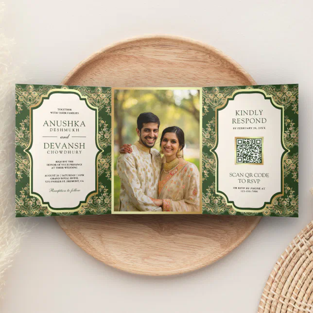 Green Gold Lace QR Code Photo Indian Wedding Tri-Fold Invitation | Zazzle