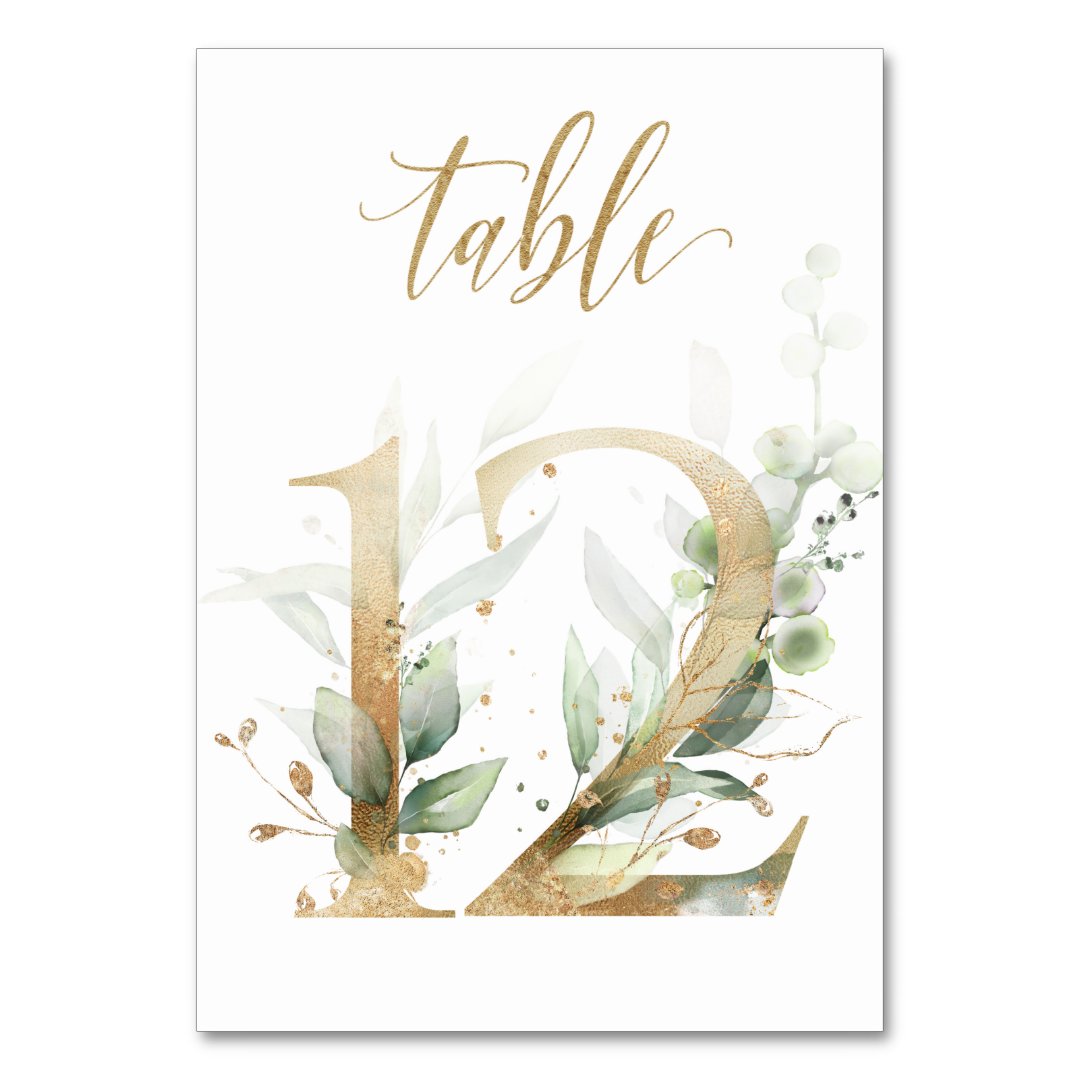 Green Gold Leaves Table 12, Table Number | Zazzle