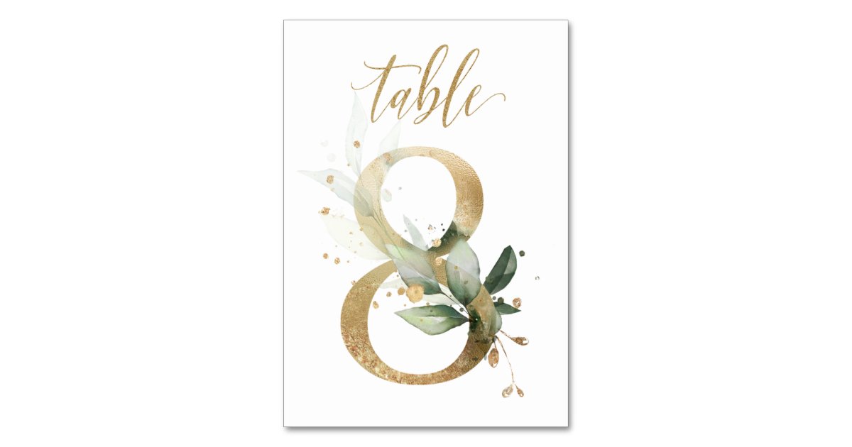 Green Gold Leaves Table 8, Table Number | Zazzle