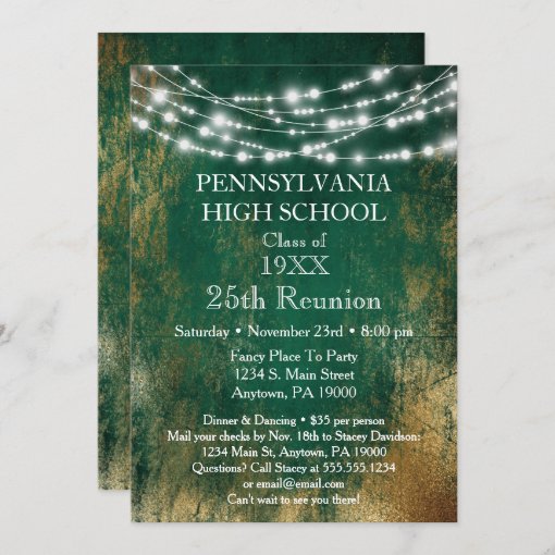 Green Gold Lights School Class Reunion Invitation | Zazzle