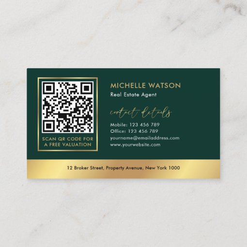 Green & Gold Logo Modern Real Estate QR Code Business Card | Zazzle