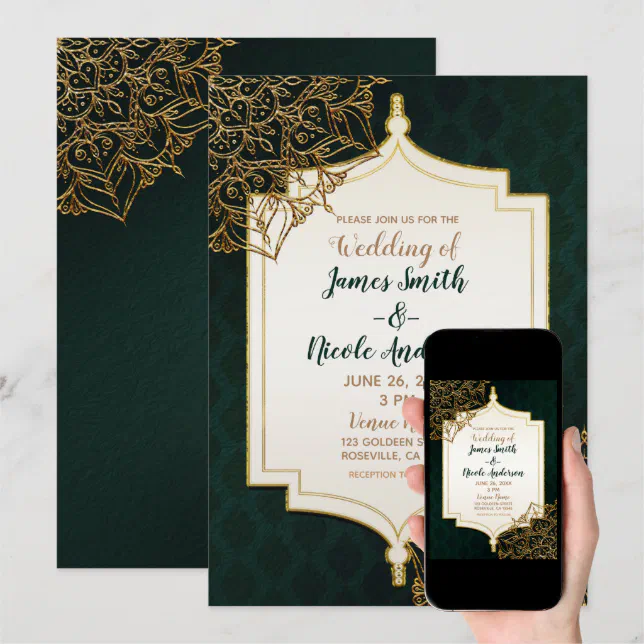 Green & Gold Moroccan Arabian Nights Wedding Invitation | Zazzle