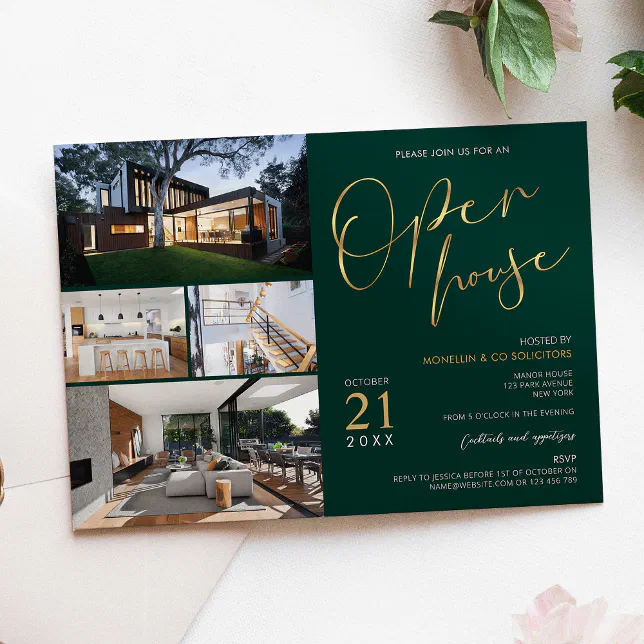 Green & Gold Property Flyer Open House Four Photos Invitation | Zazzle