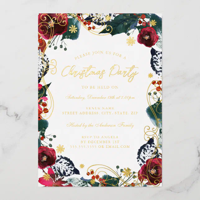 Green Gold Red White Floral Swirl Christmas Party Foil Invitation | Zazzle