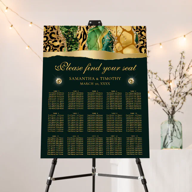 Green & Gold Safari Agate Wedding Seating Chart Foam Board | Zazzle