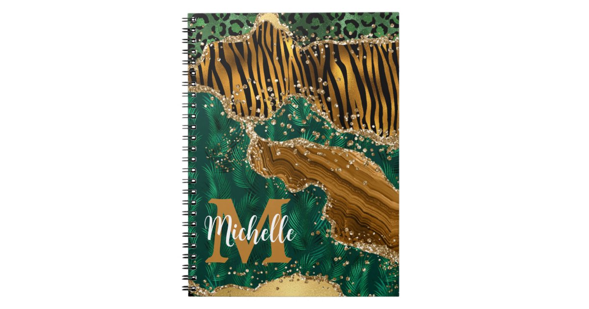Green & Gold Safari Animal Glitter Agate Monogram Notebook | Zazzle