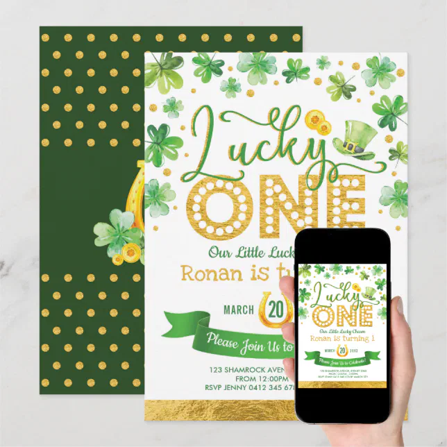 Green Gold Shamrock Lucky One 1st Birthday Party Invitation | Zazzle
