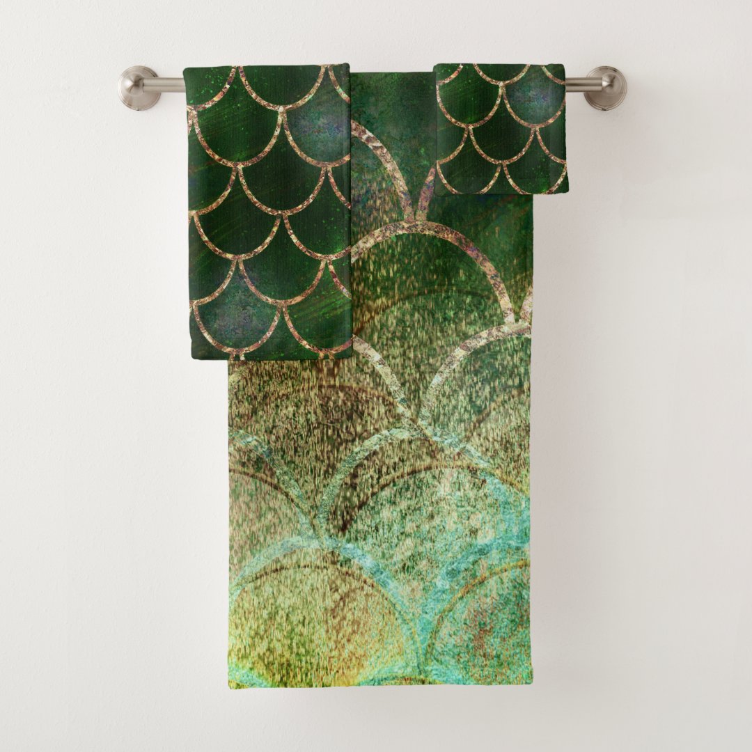 Green & Gold Shimmer Mermaid Fish Scales Bath Towel Set | Zazzle