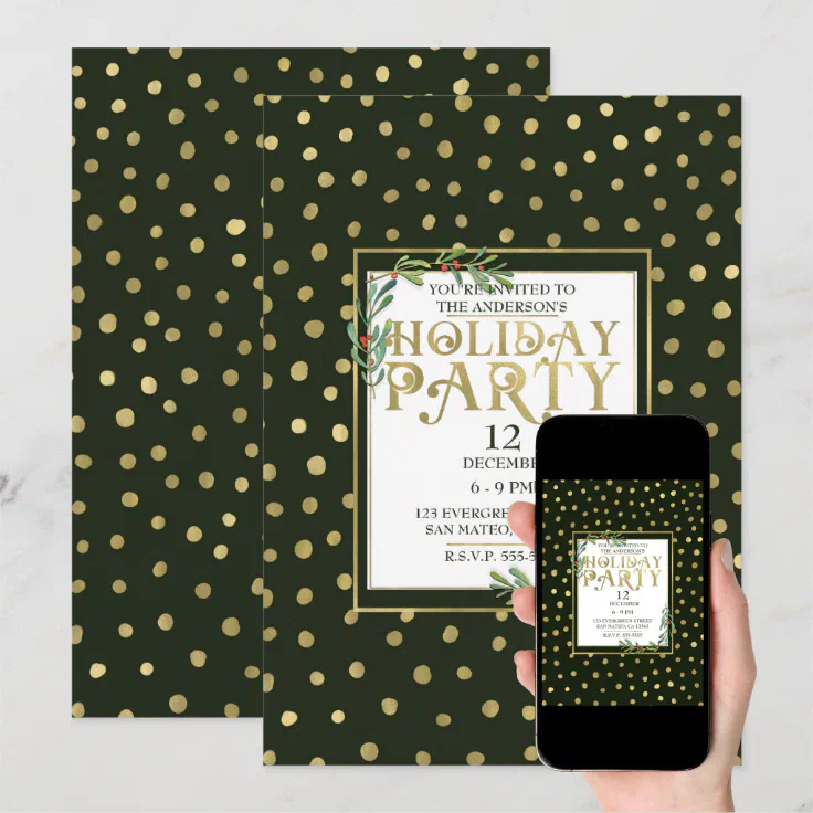 Green & Gold Snow Holiday Party Invitation | Zazzle