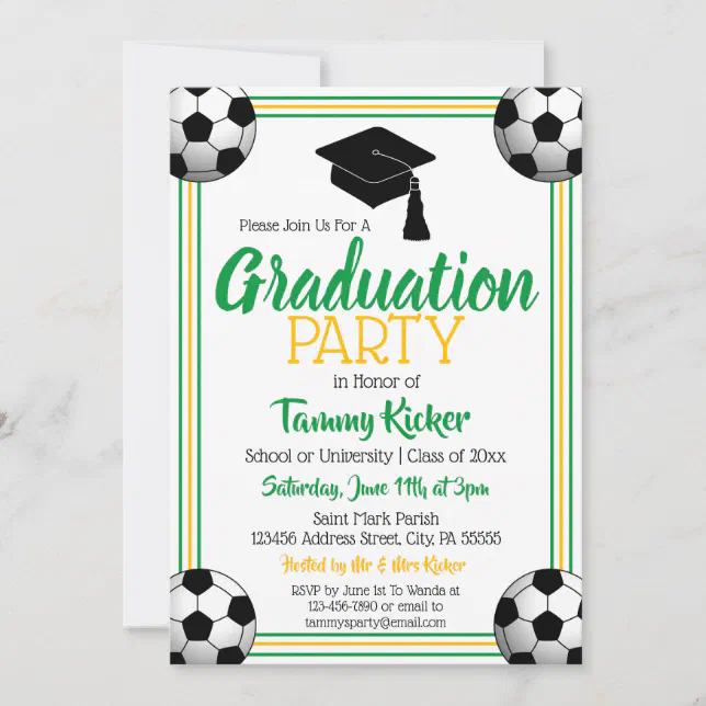 Green & Gold Soccer Graduation Party Invitation | Zazzle