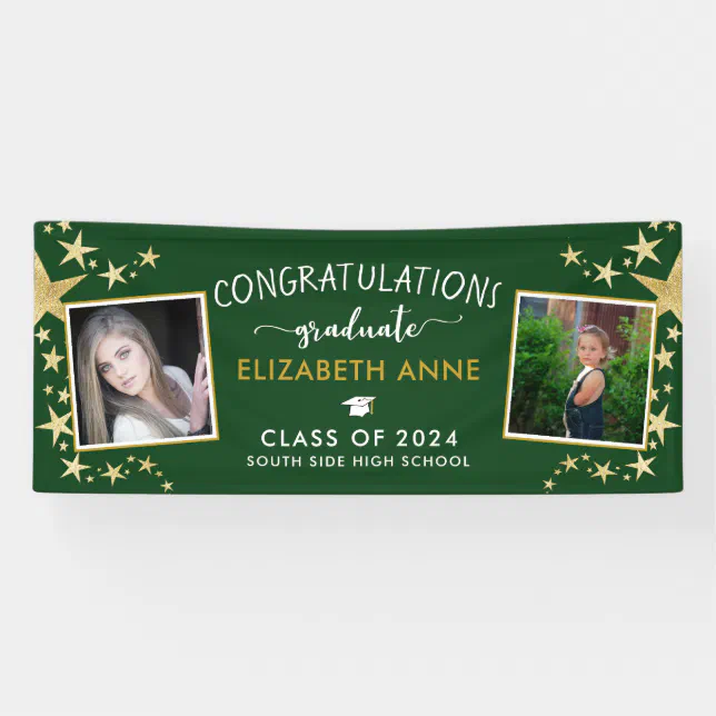 Green & Gold Stars Photo Congratulations Graduate Banner | Zazzle