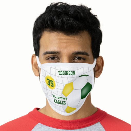 green gold team colors player name soccer face mask | Zazzle