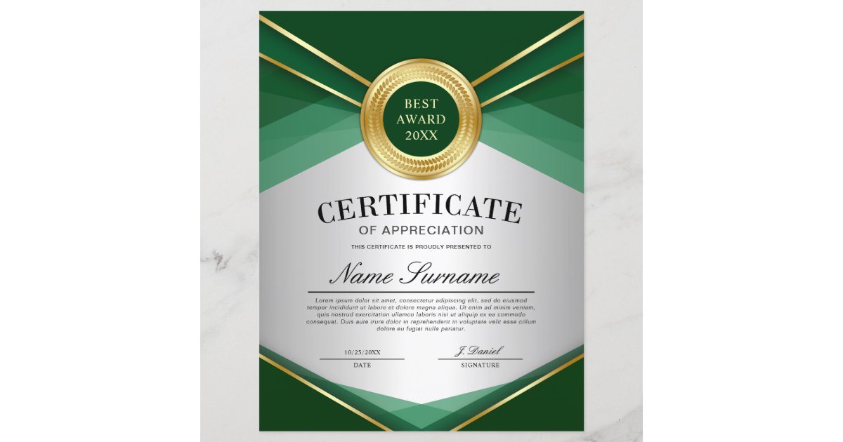 Green & Gold Vertical Certificate of Appreciation | Zazzle