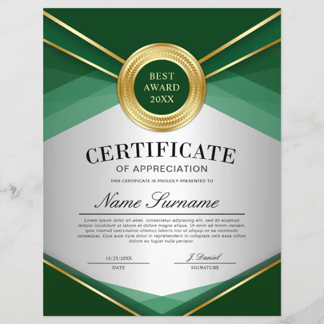 Green & Gold Vertical Certificate of Appreciation | Zazzle