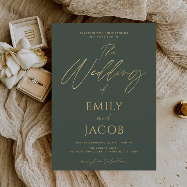 Green Gold Wedding Modern Typography Script Foil Invitation | Zazzle