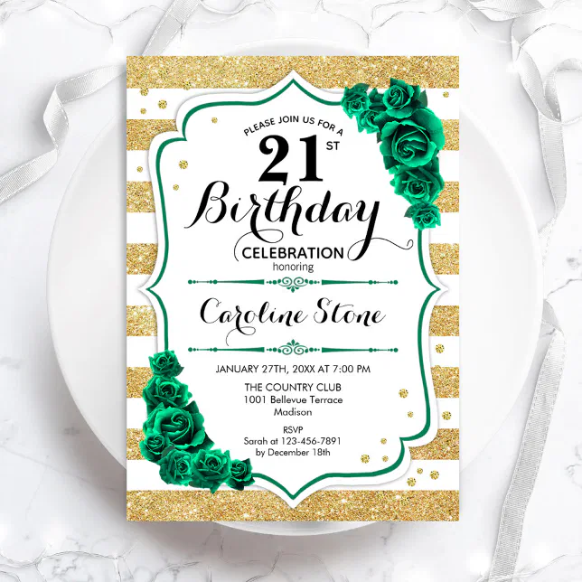 Green Gold White Stripes Roses 21st Birthday Invitation | Zazzle