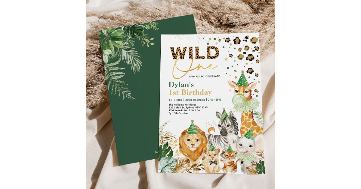 Green Gold Wild One Safari Party Animals Birthday Invitation | Zazzle