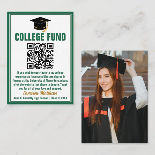 Green Graduate Photo College Fund QR Code Enclosure Card | Zazzle