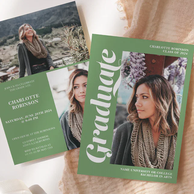 Green graduate script 3 photo graduation invitation | Zazzle