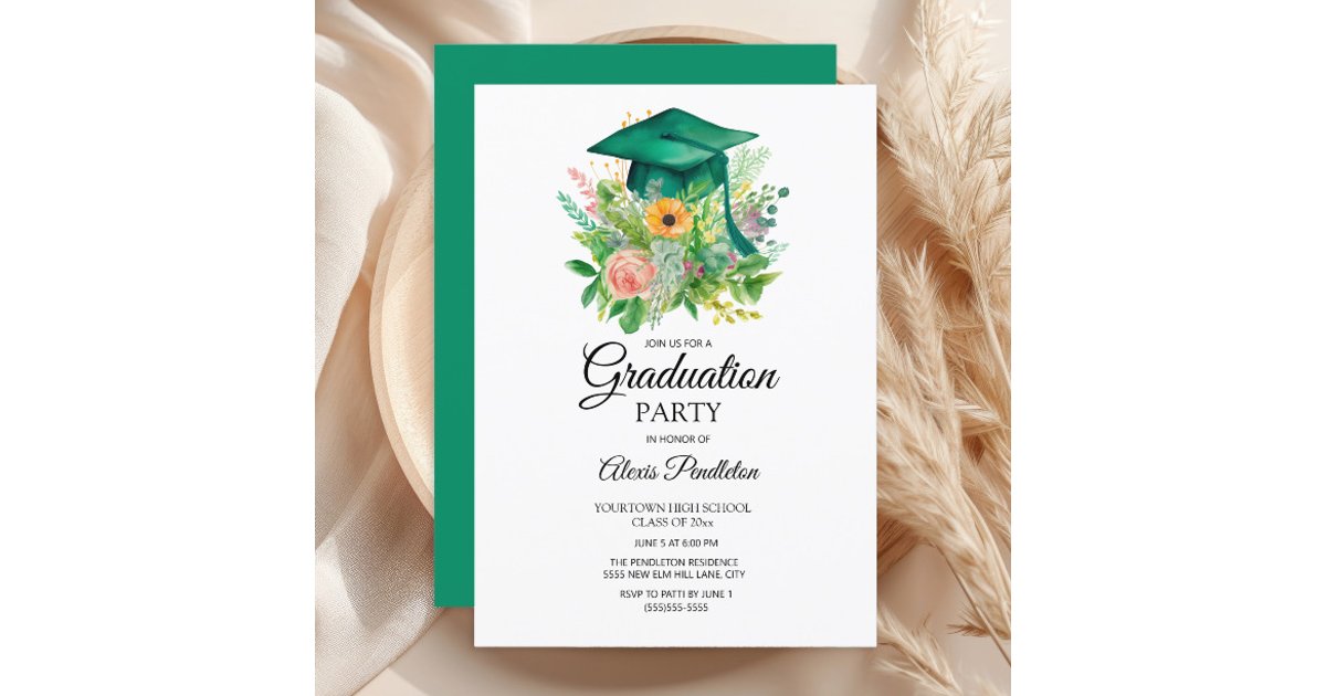 Green Graduation Cap Floral High School Invitation | Zazzle