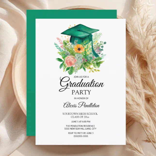 Green Graduation Cap Floral High School Invitation | Zazzle