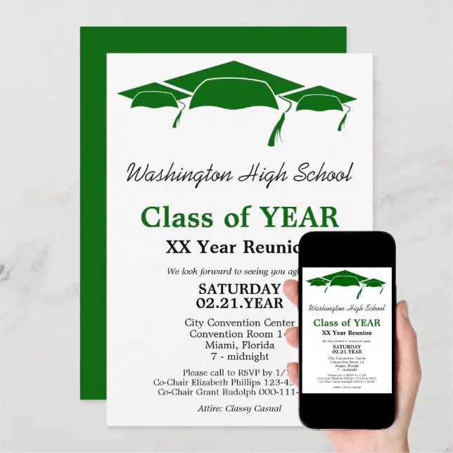 Green Graduation Caps Class Reunion Template | Zazzle